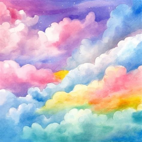 Pintura Acuarela De Un Arco Iris Con Nubes Y Estrellas Foto Premium