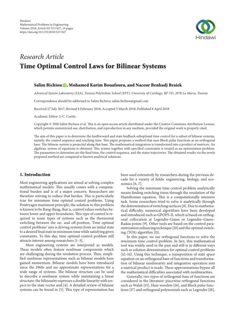 pdf time optimal control laws for bilinear systems