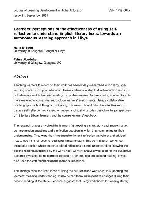 pdf learners perceptions of the effectiveness of using self reflection to understand english