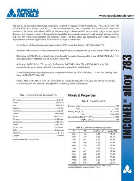 Inconel Alloy 783 Pdf Special Metals Corporation