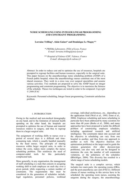pdf nurse scheduling using integer linear programming and constraint programming