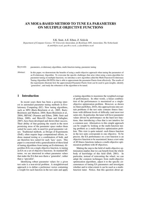 pdf an moea based method to tune ea parameters on multiple objective functions
