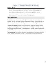 LAB 1 Minerals Pdf LAB 1 INTRODUCTION TO MINERALS OBJECTIVES