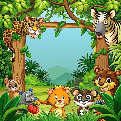 Uma Imagem De Uma Selva Muitos Animais E Uma Moldura Em Forma De