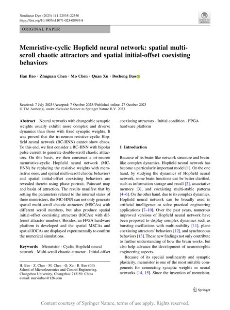 memristive cyclic hopfield neural network spatial multi scroll chaotic attractors and spatial