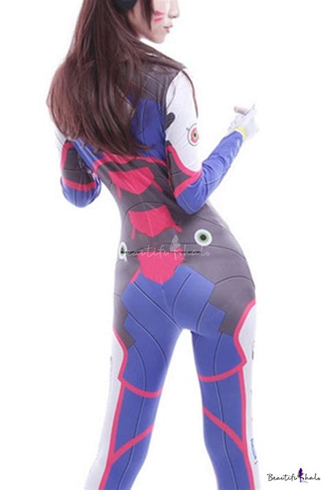 Overwatch Dva Cosplay Costume Comic Rabbit Print Colorblocked Blue Skinny Jumpsuit