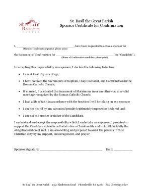 Fillable Online St Basil The Great Parish Sponsor Certificate For