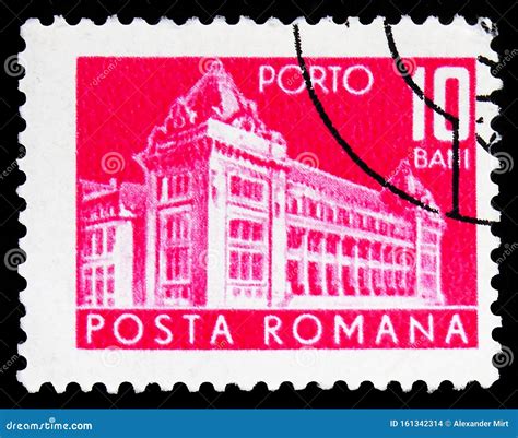 Postage Stamp Printed In Romania Shows Main Post Office Post And