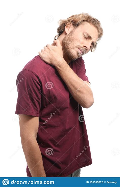 Homem Novo Que Sofre Da Dor De Pesco O No Fundo Branco Imagem De Stock