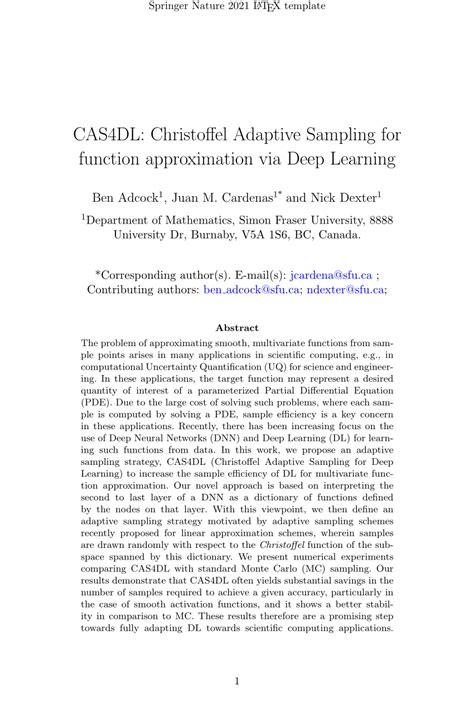 pdf cas4dl christoffel adaptive sampling for function approximation via deep learning