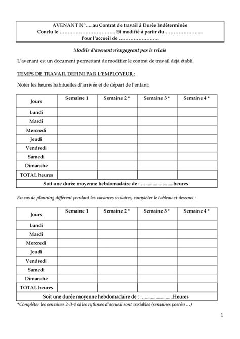 Mod Le D Avenant Au Cdi Doc Pdf Page Sur