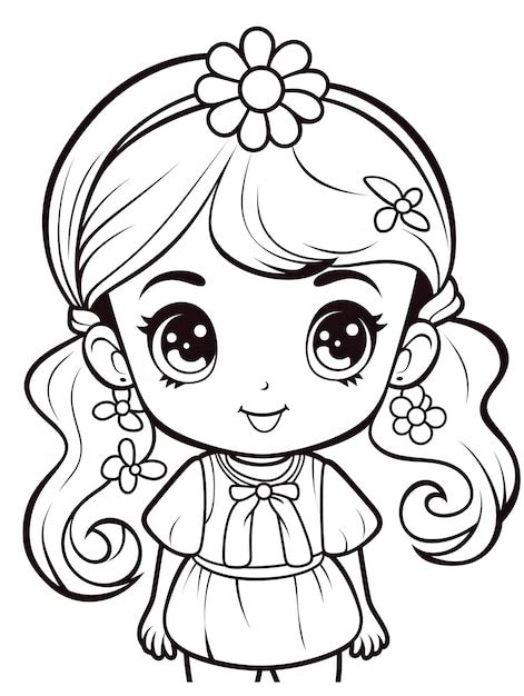 Hermosa chica anime para colorear página en blanco y negro Foto Premium