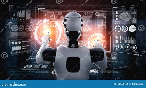 Ai Humanoid Robot Touching Virtual Hologram Screen Showing Concept Of