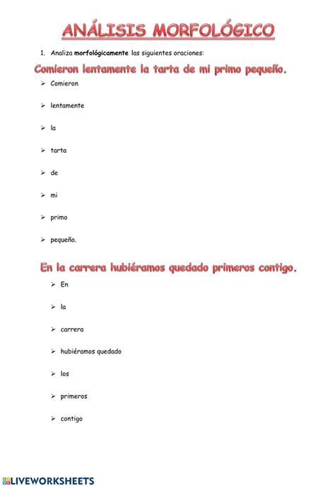 Ejercicio de Análisis morfológico Clasificación de palabras Verbos y