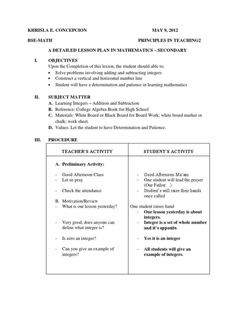 Lesson Plan For Mathematics