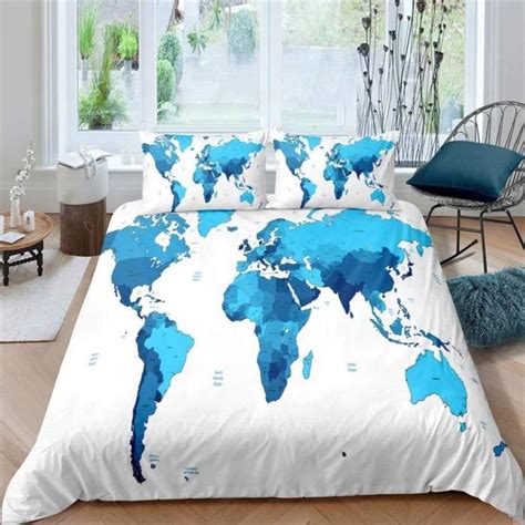 Housse De Couette Carte Du Monde Bleu Parure De Lit Respirant Housse De