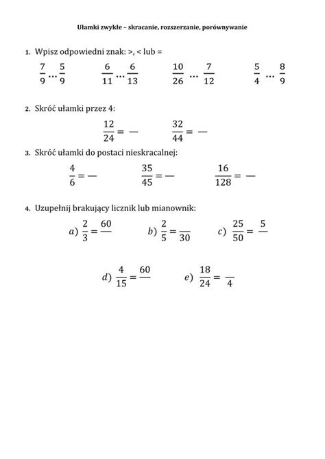 Skracanie i rozszerzanie ułamków worksheet