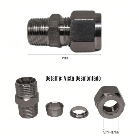 Conector de Compressão Rosca Macho 3 8 NPT x Tubo 1 2 Aço Inox