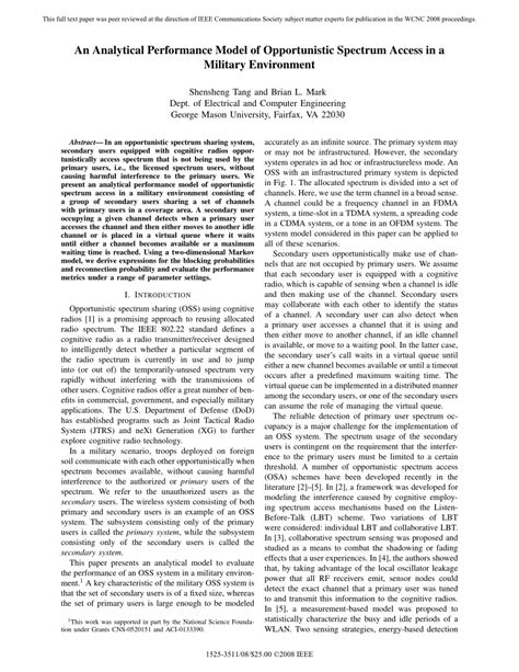 pdf an analytical performance model of opportunistic spectrum access in a military environment