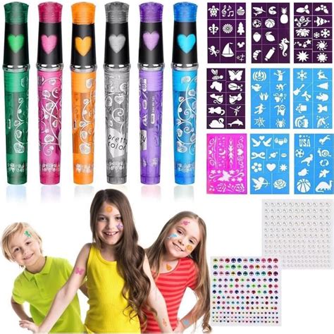 6 Stylo Tatouage Temporaire Enfant Kit Tatouage Paillettes Enfant Avec