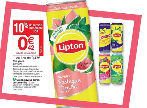 Promo Thé Glacé Lipton Ou Green Saveur Citron Vert Ou Menthe chez