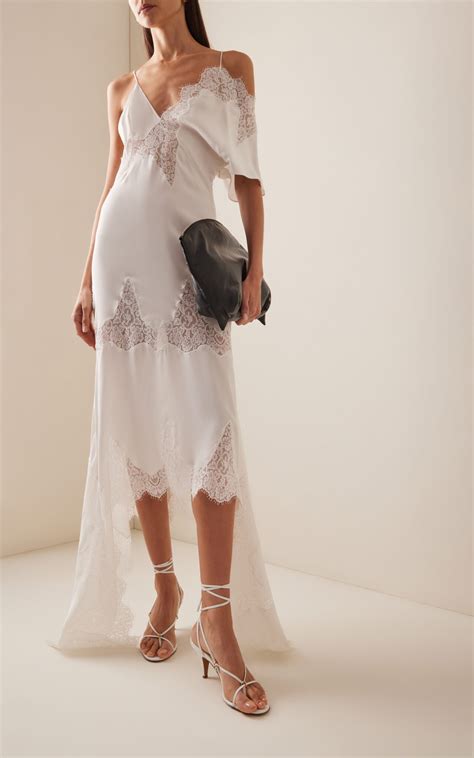 STELLA MCCARTNEY Asymmetric Lace Trimmed Satin Midi Dress We Select