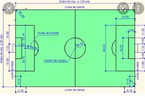 dibuja la cancha del fútbol con nombres y medidas Brainly lat