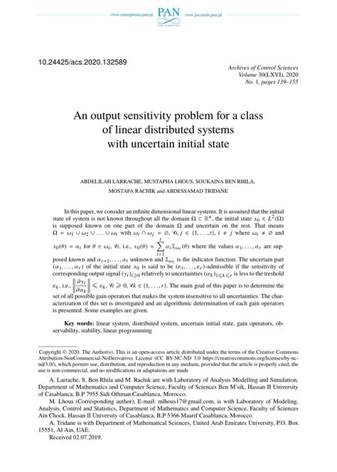 pdf an output sensitivity problem for a class of linear distributed systems with uncertain