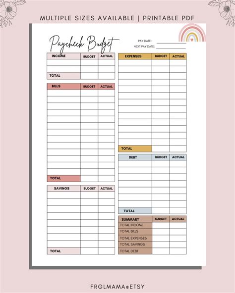 Paycheck Budget Overview Template Printable Paycheck Budget Etsy UK