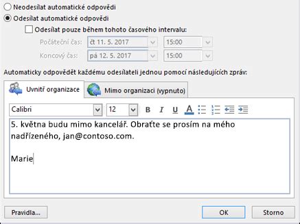 Posílání automatických odpovědí Mimo kancelář z Outlooku