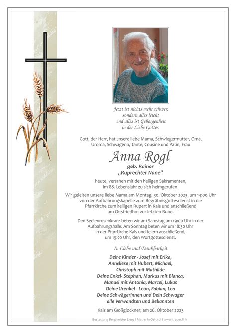 Todesanzeige Anna Rogl Trauer Link