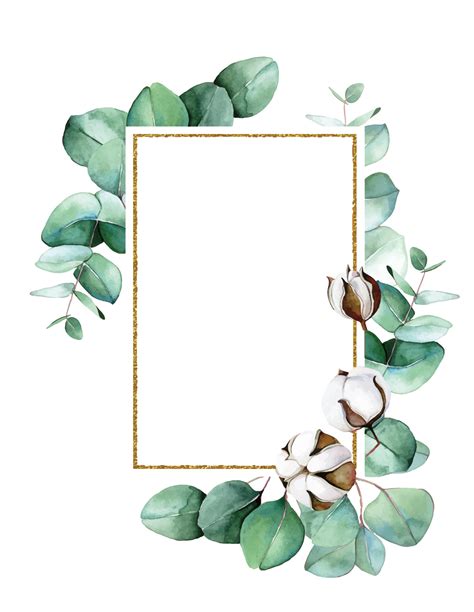 Golden Rectangular Frame With Watercolor Eucalyptus Leaves And Cotton
