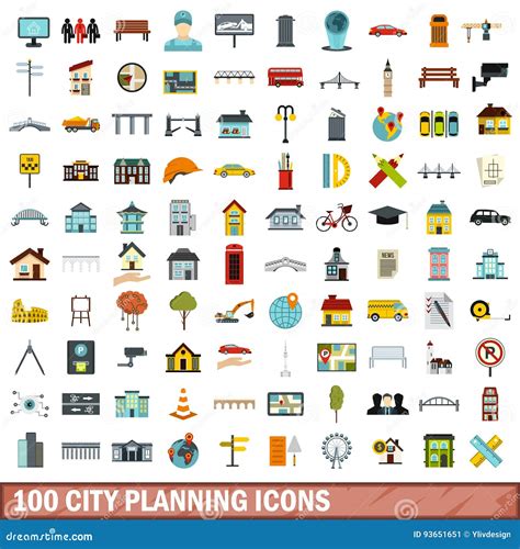 100 Iconos Fijados Estilo Plano Del Urbanismo Ilustración del Vector