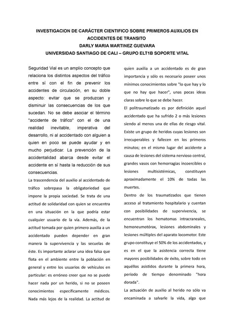 Investigacion DE Carácter Cientifico Sobre Primeros Auxilios EN