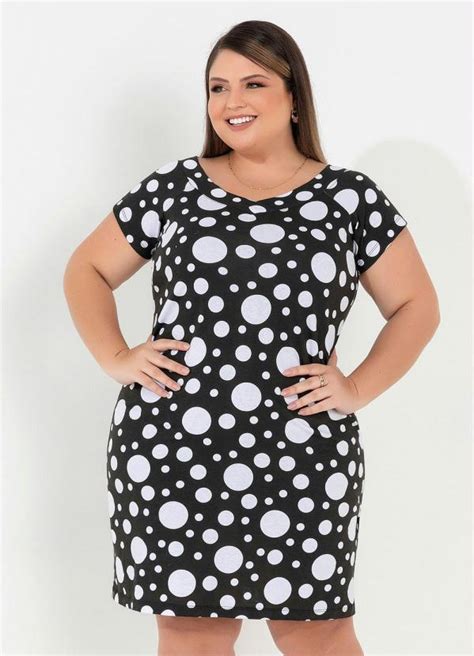 Vestido Poá Preta Mangas Curtas Plus Size Marguerite
