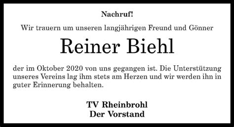 Traueranzeigen Von Reiner Biehl Rz Trauer De