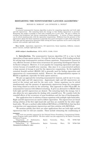 pdf restarting the nonsymmetric lanczos algorithm