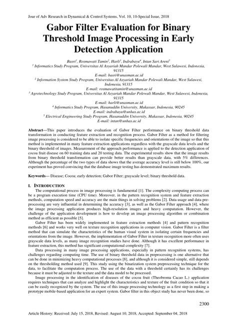 pdf gabor filter evaluation for binary threshold image processing in early detection application