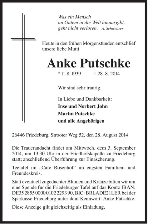 Traueranzeigen Von Anke Putschke Nordwest Trauer De