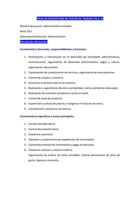 Oferta Puesto Administrativo Contable Ficha De Descripcin De Puesto