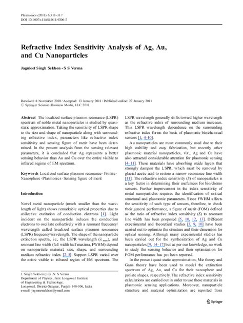 pdf refractive index sensitivity analysis of ag au and cu nanoparticles jagmeet sekhon