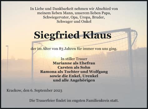 Traueranzeigen Von Siegfried Klaus Trauer Nordkurier