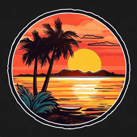 Un Dessin D Un Coucher De Soleil Avec Des Palmiers Et Des Montagnes En