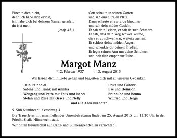 Traueranzeigen Von Margot Manz Wirtrauern