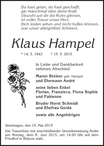 Traueranzeigen Von Klaus Hampel Trauer Nordkurier