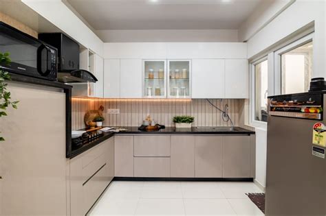 L Shaped Kitchen Design With Beige And White Cabinets Livspace