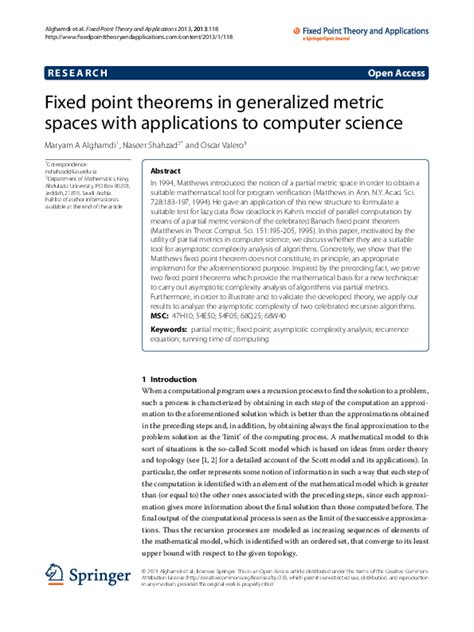 pdf fixed point theorems in generalized metric spaces with applications to computer science