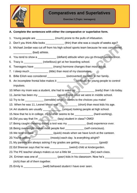 Comparative And Superlative Exercise Teenagers Esl Worksheet By