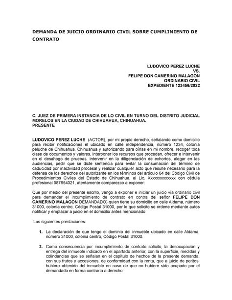 Demanda DE Juicio Ordinario Civil Sobre Cumplimiento DE Contrato