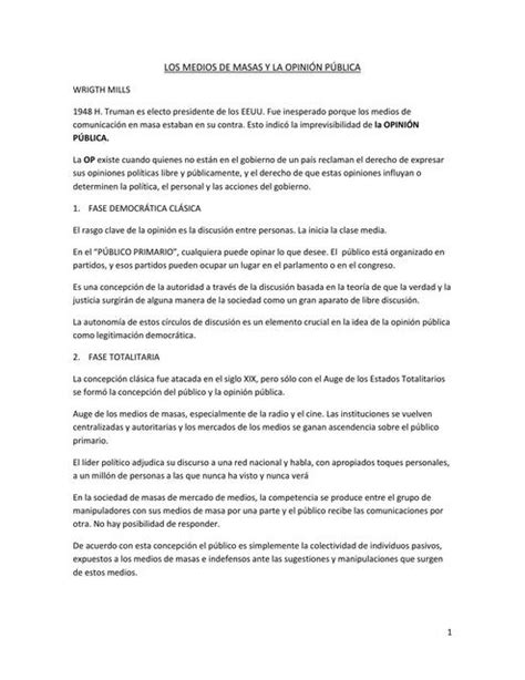 LOS MEDIOS DE MASAS Y LA OPINIÓN PÚBLICA WRIGTH MILLS Todo de